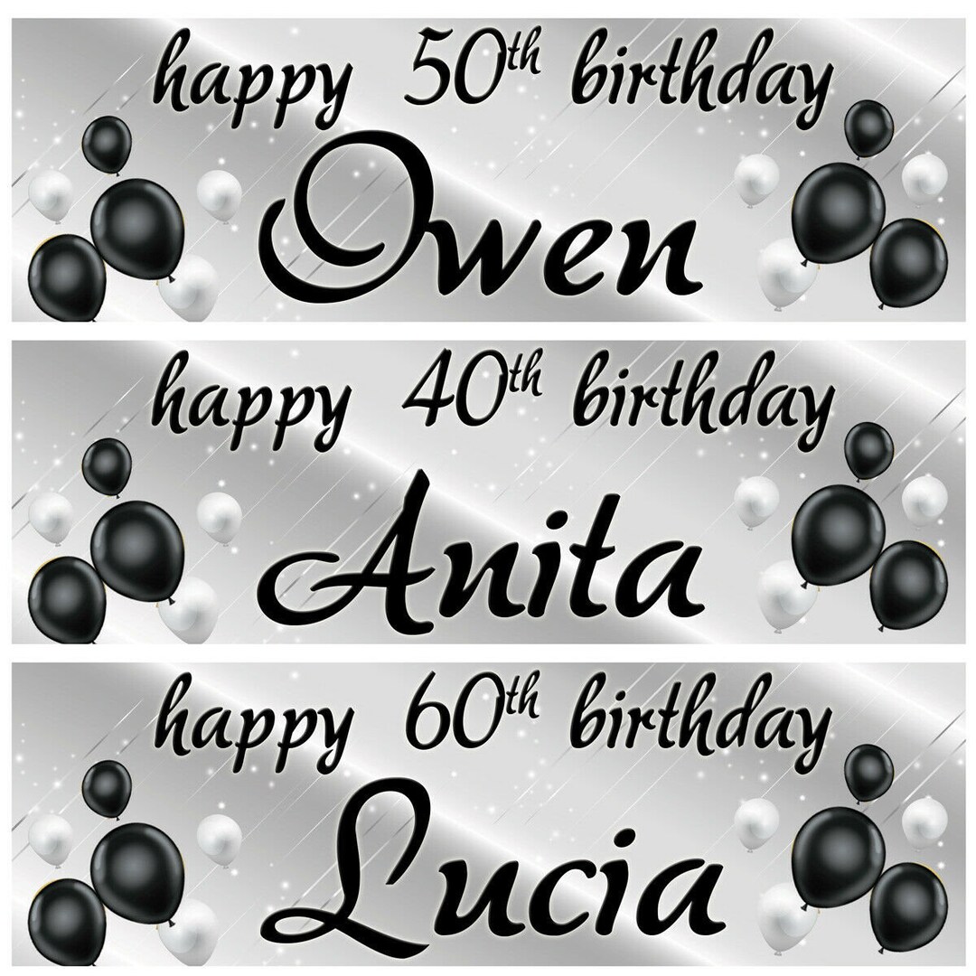 2 Personalised Birthday Banner Black White Balloons Stars , Silver ...