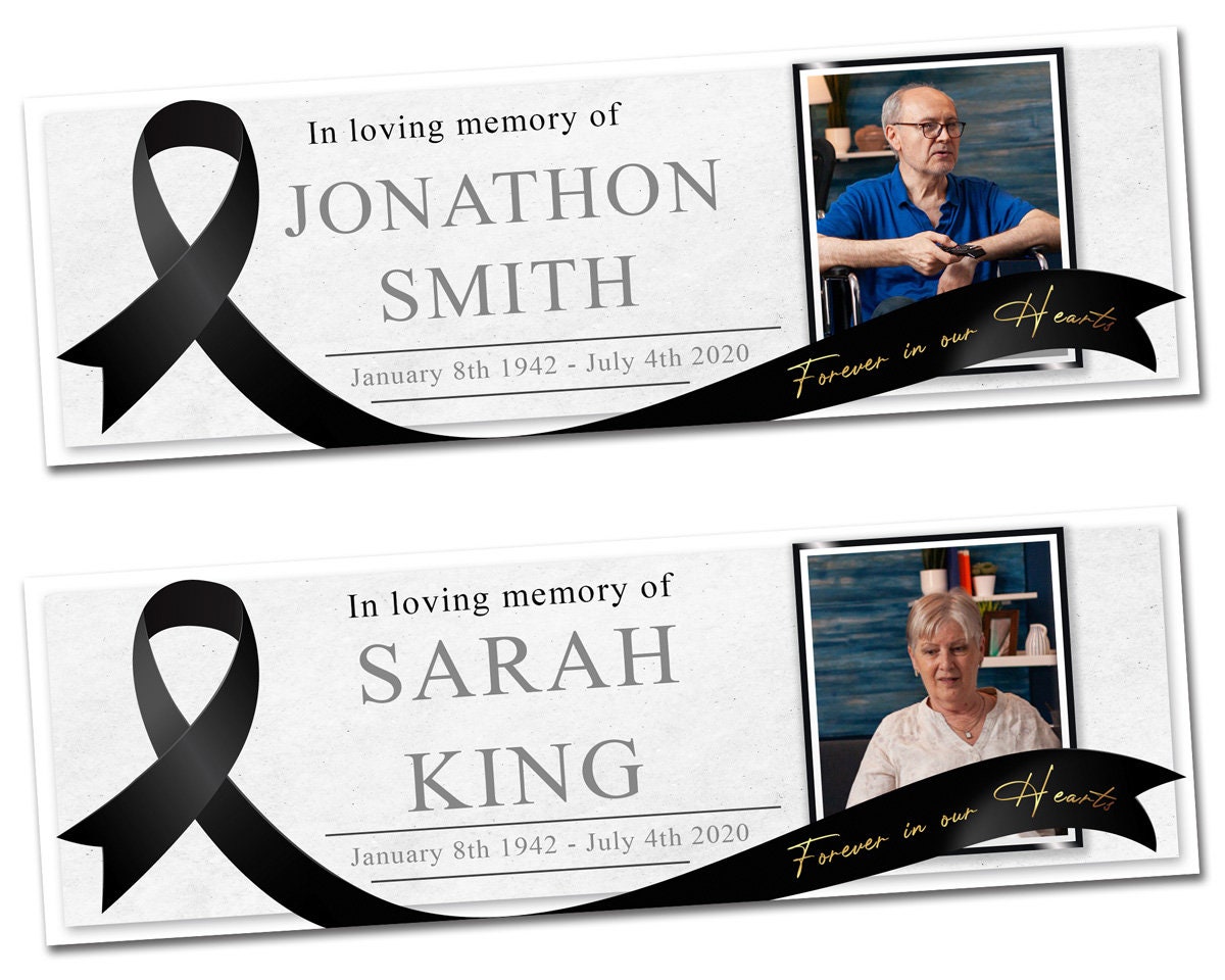 2 Personalised Funeral Banner Photo Ribbon in Loving Memory Celebration ...