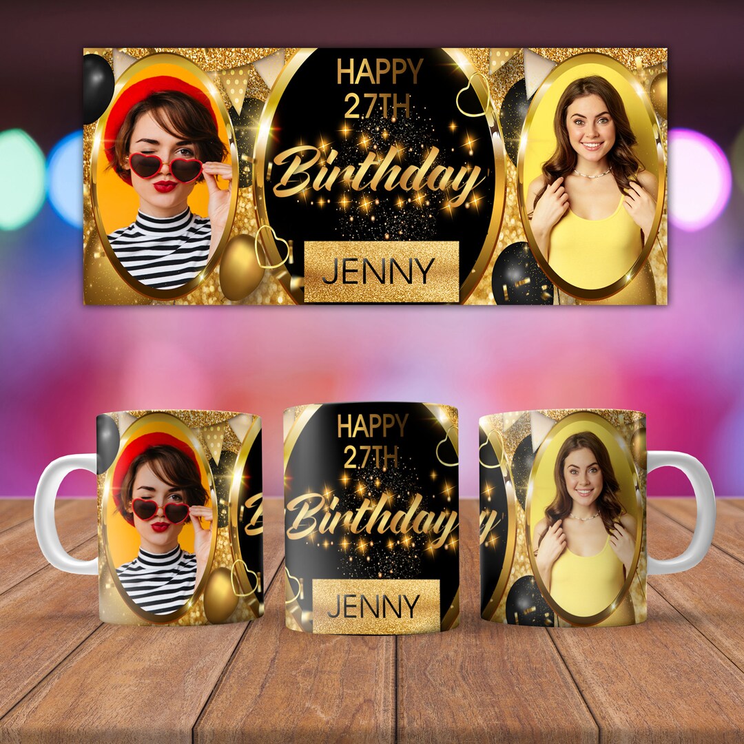 Personalised Birthday Mug Gift Photo Black Gold Party Coffee Tea Hot ...