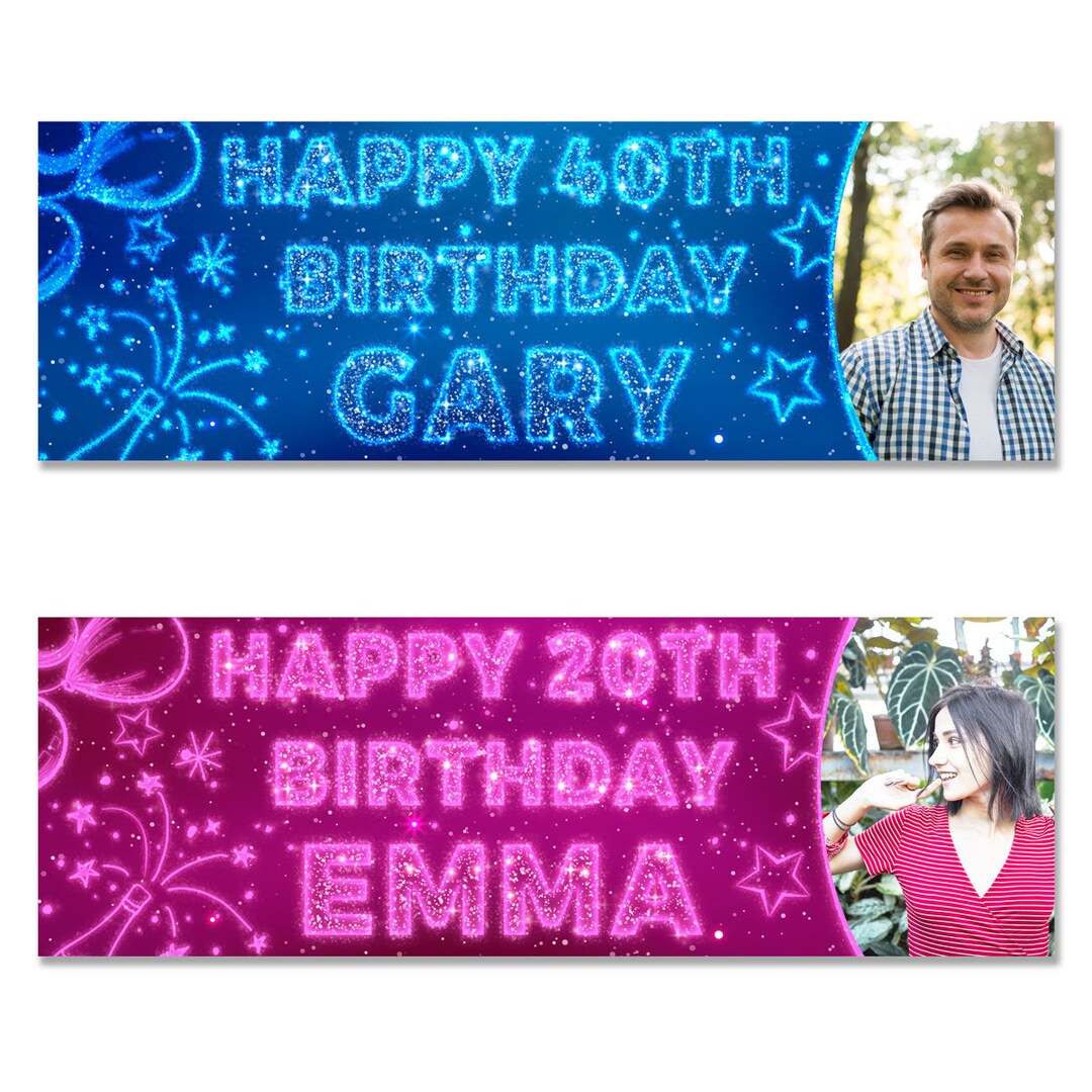 2 Personalised Birthday Banner Photo Blue Pink Woman Girl Man Boy Kid ...