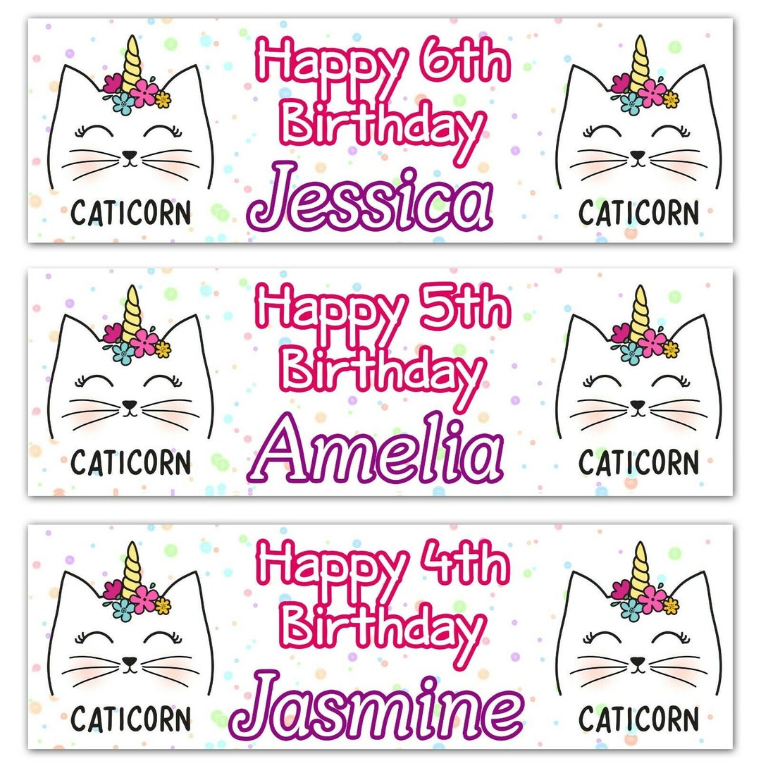 2 Personalised Birthday Banner Caticorn Unicorns Star Rainbow Children ...
