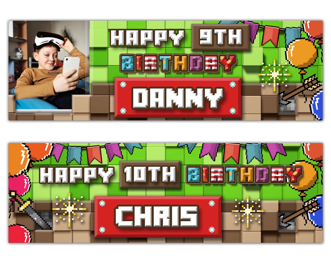 Personalised Birthday Banner Backdrop Photo Pixel Video Gamer Theme ...