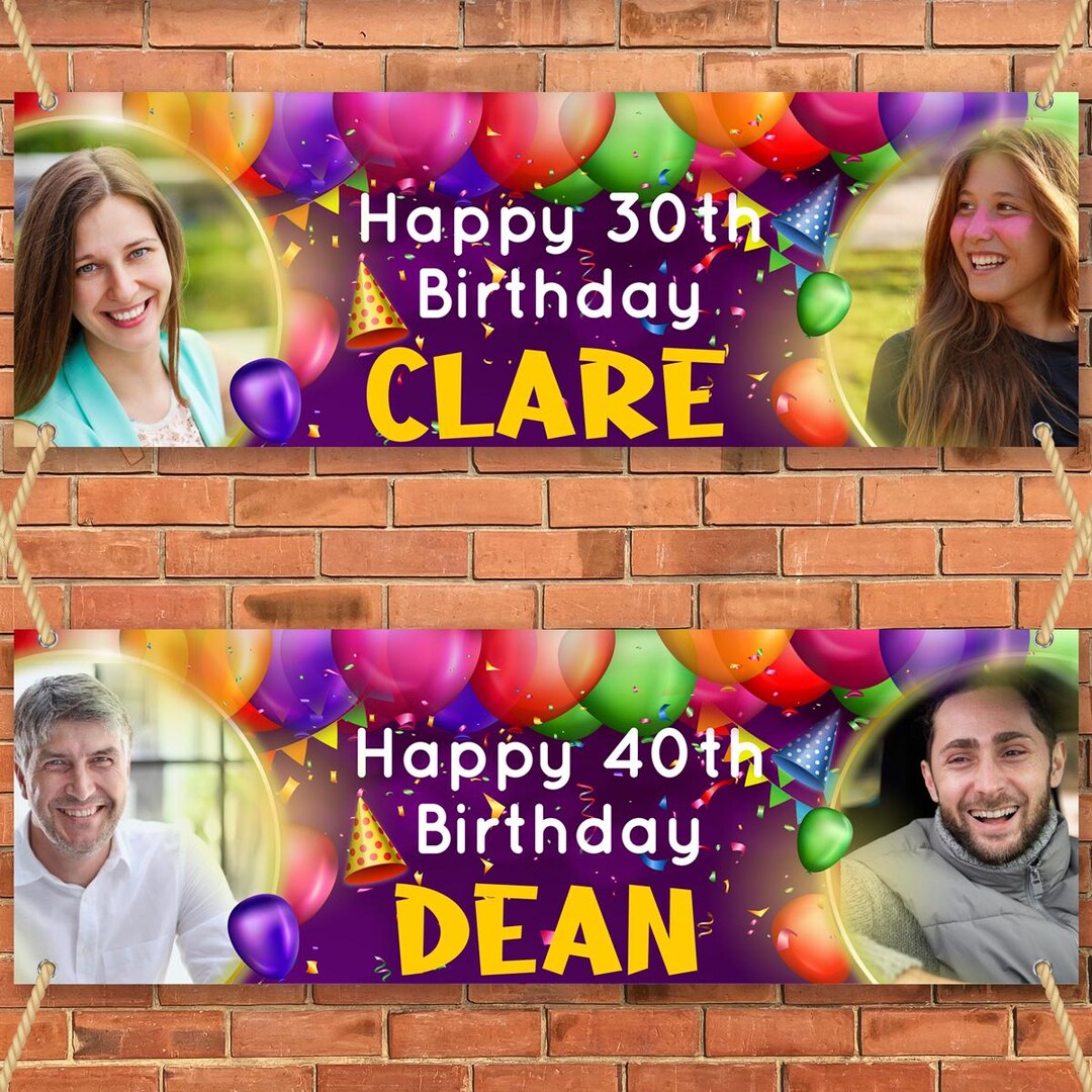 Personalised Outdoor Birthday Banner With Photo & Name Blue Pink ...
