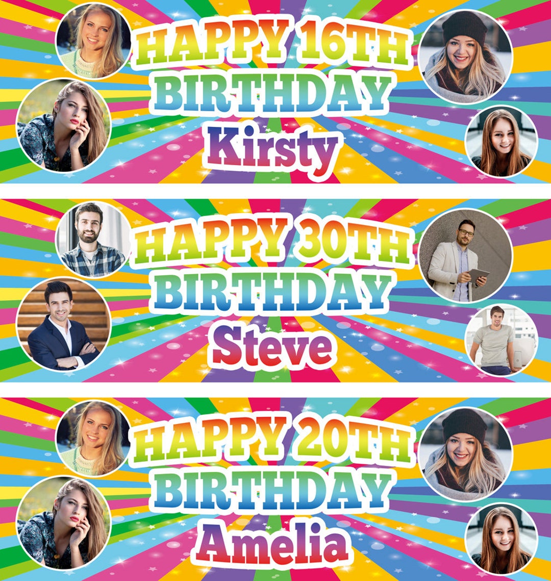 2 Personalised Birthday Banners Photo Rainbow Stars Adults Kid Party ...