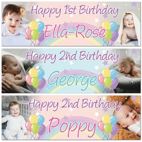 2 Personalised Birthday Banner Banner Photo Balloon Baby Kid - Etsy
