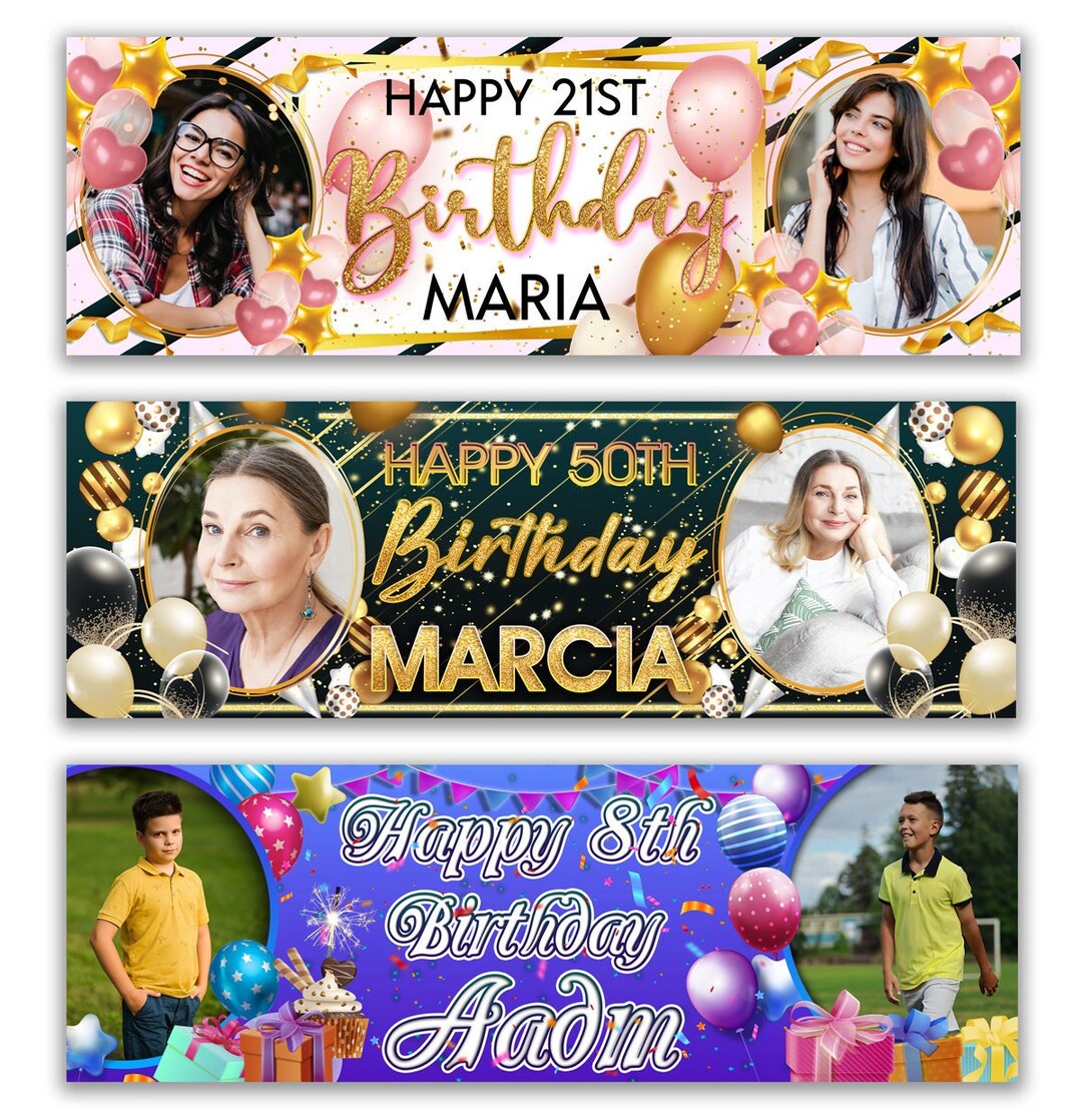 2 Personalised Birthday Banner Photo Children Balloon Baby Adults Kid ...