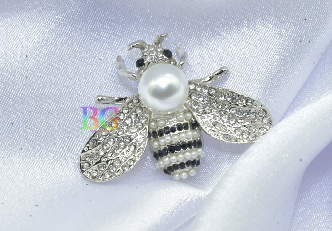 Silver and Pearl Rhinestone Bee Brooch | Rhinestone Brooch | Bee Lapel ...