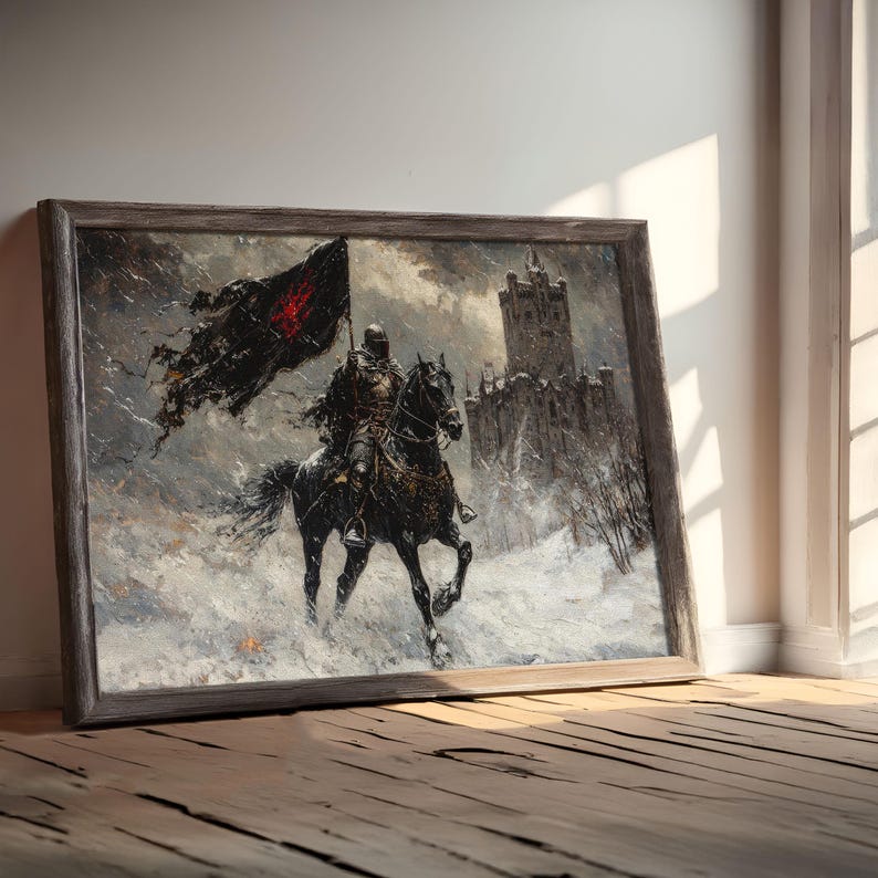 Epic Medieval Knight Artwork Riding Black Horse in Snowy Castle Scene ...