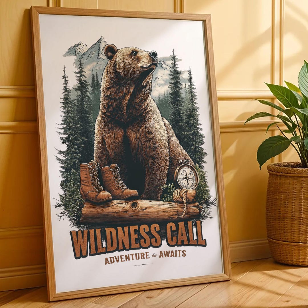 Wildness Call Bear Wall Art - Rustic Adventure Poster for Cabin Decor ...