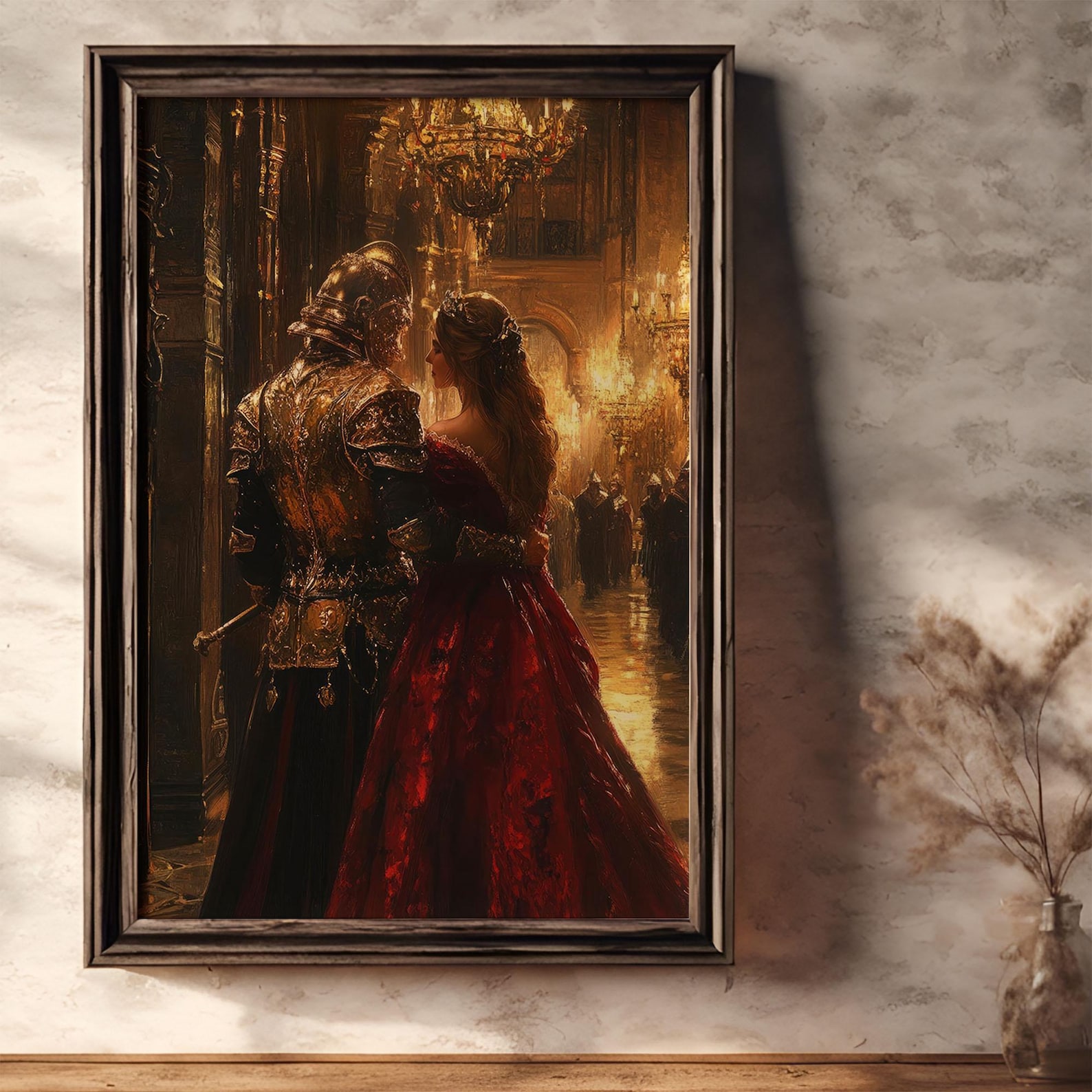 Golden Ballroom Knight and Lady in Red Dress Romantic Medieval Fantasy ...
