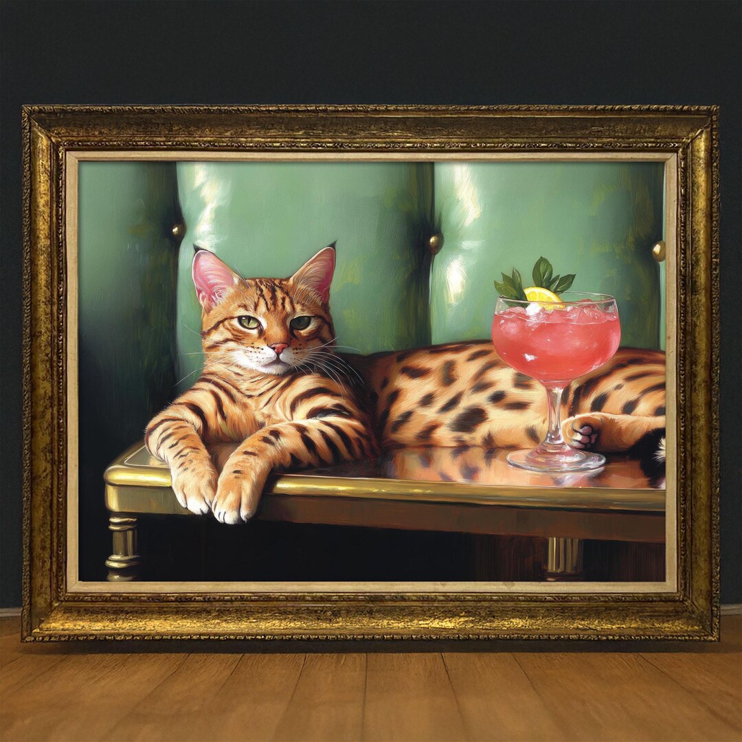 Savannah Cat With Tequila Sunrise Wall Art, Relaxed Tropical Cocktail ...
