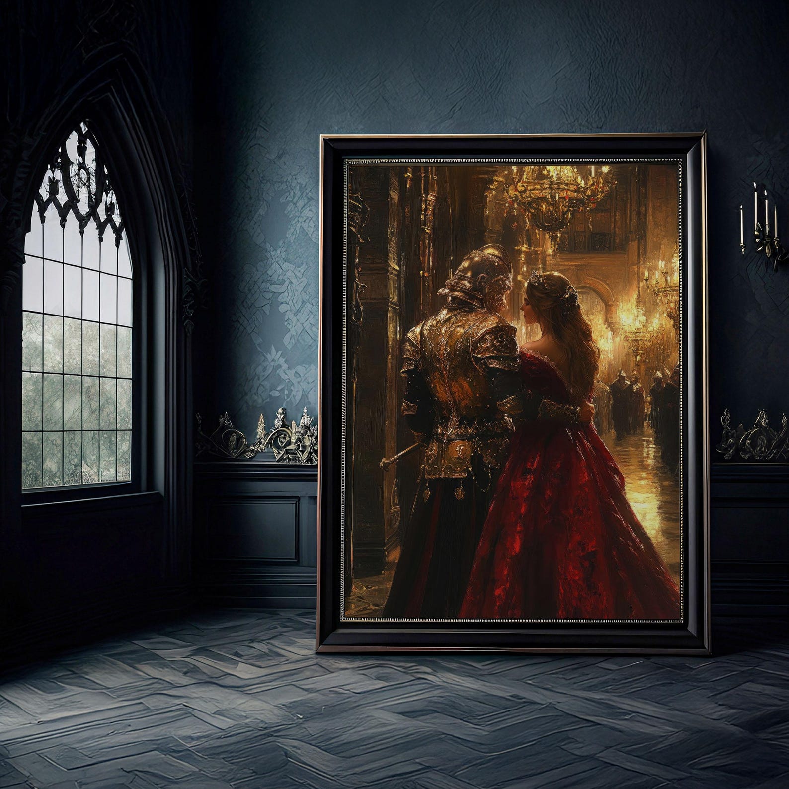 Golden Ballroom Knight and Lady in Red Dress Romantic Medieval Fantasy ...