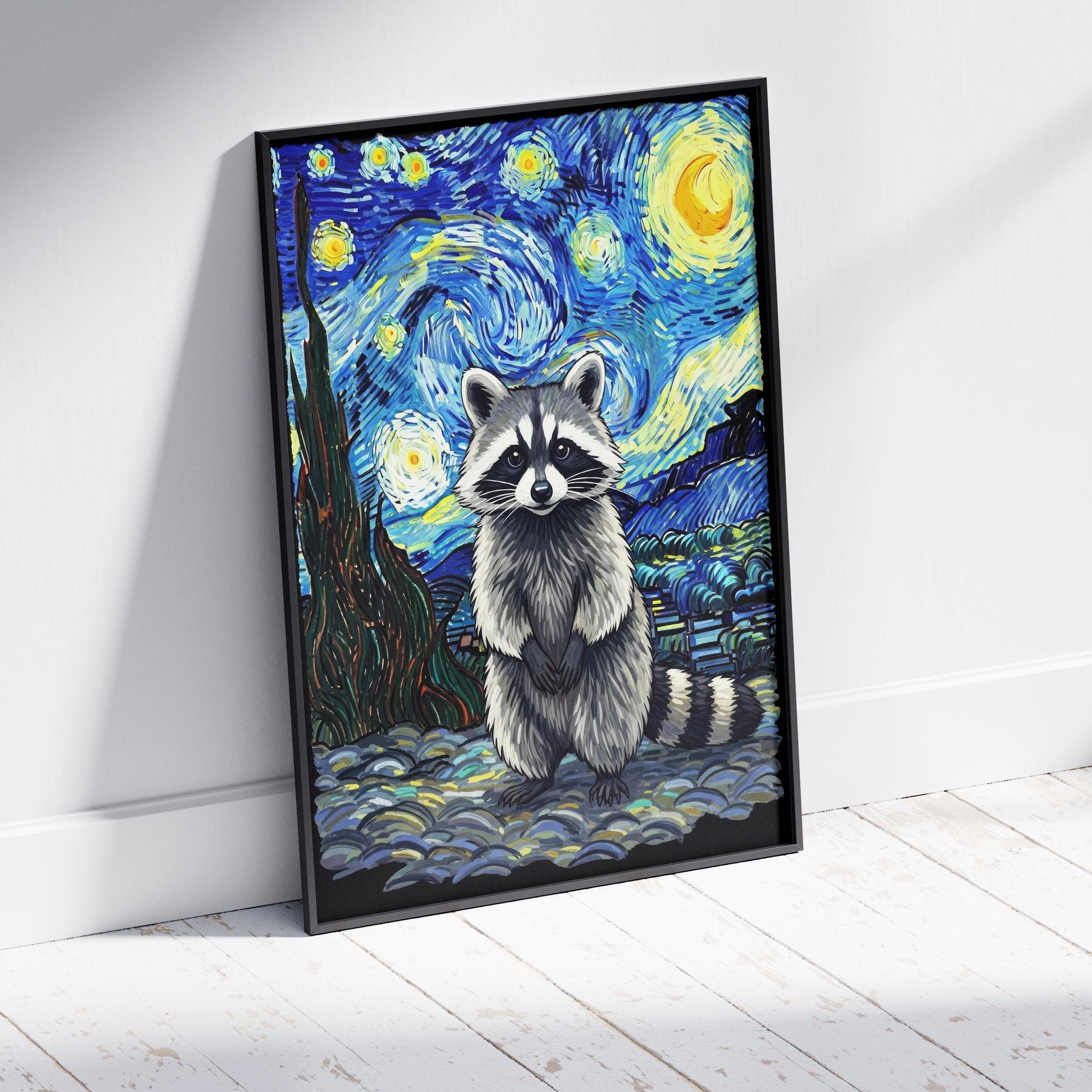 Starry Night Raccoon Wall Print Funny Animal Painting Van Gogh Inspired ...
