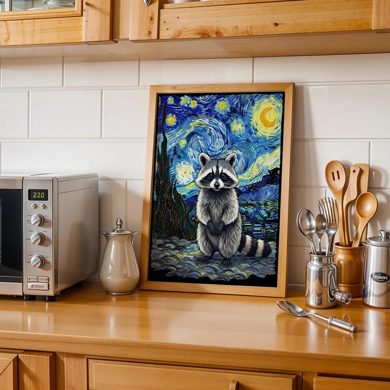 Starry Night Raccoon Wall Print Funny Animal Painting Van Gogh Inspired ...