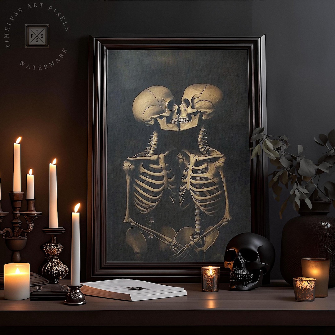 Skeleton Kiss Art Vintage Skeleton Couple Kissing Poster Romantic ...
