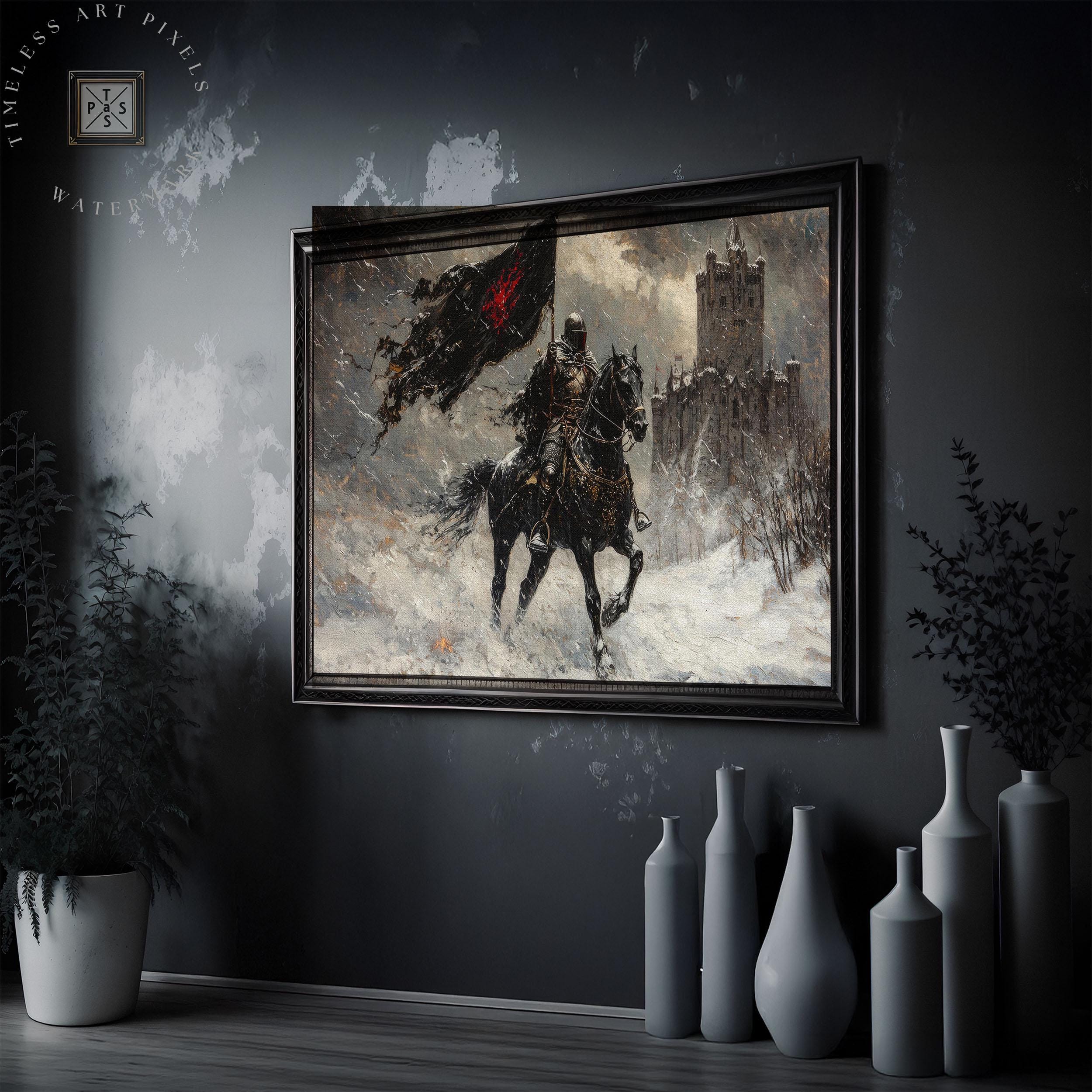Epic Medieval Knight Artwork Riding Black Horse in Snowy Castle Scene ...