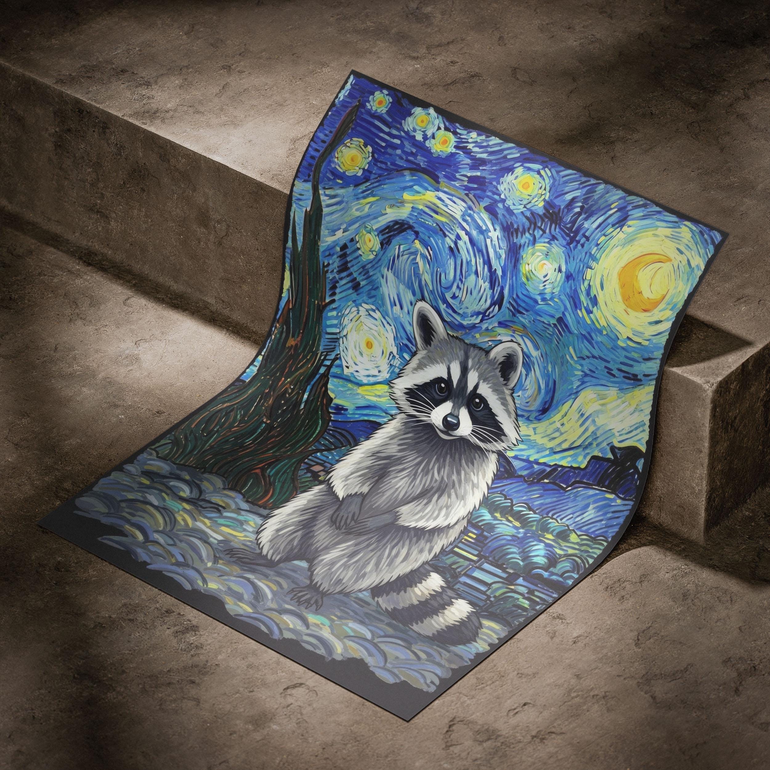 Starry Night Raccoon Wall Print Funny Animal Painting Van Gogh Inspired ...