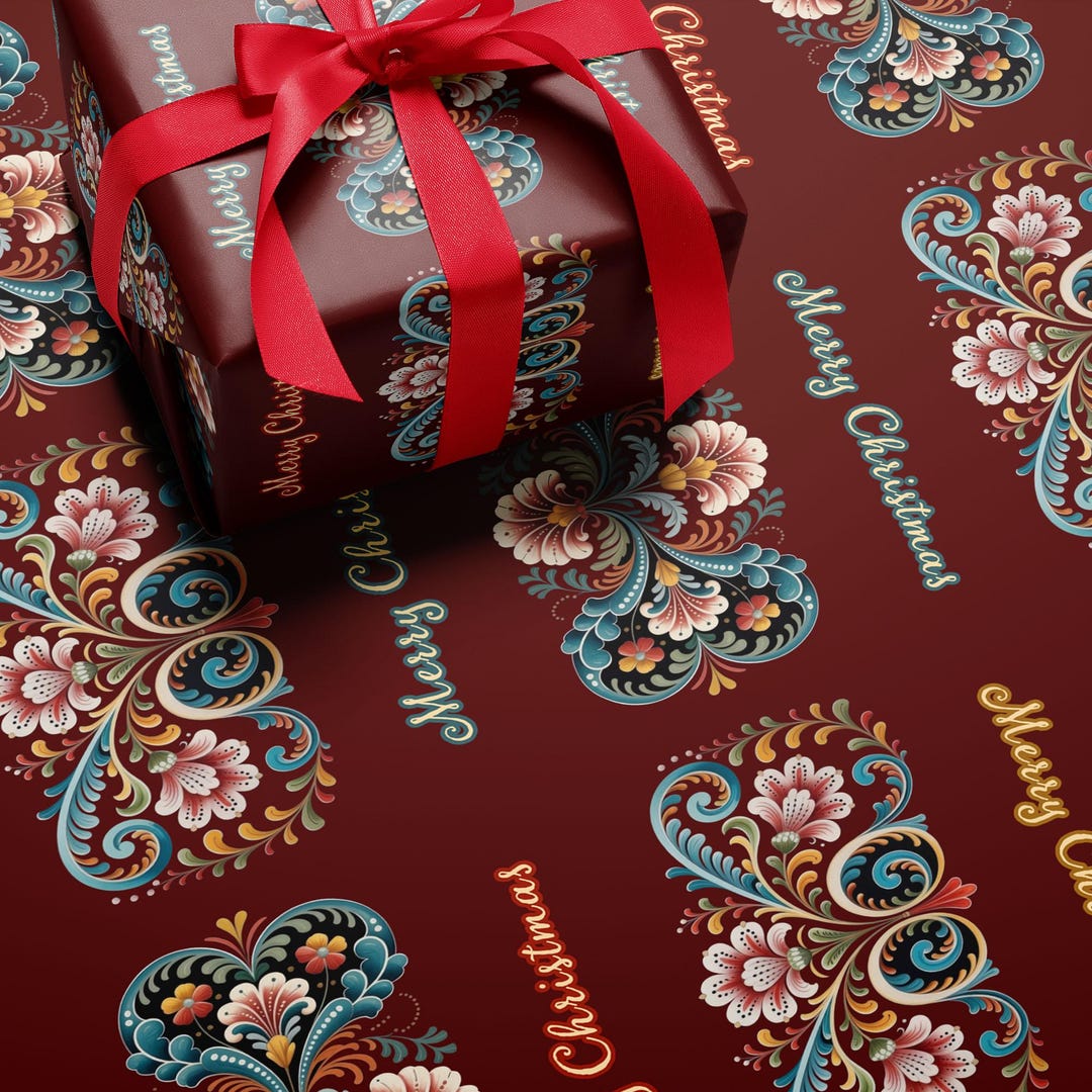 Norwegian Rosemaling Christmas Wrapping Paper Burgundy Wrap With Folk ...