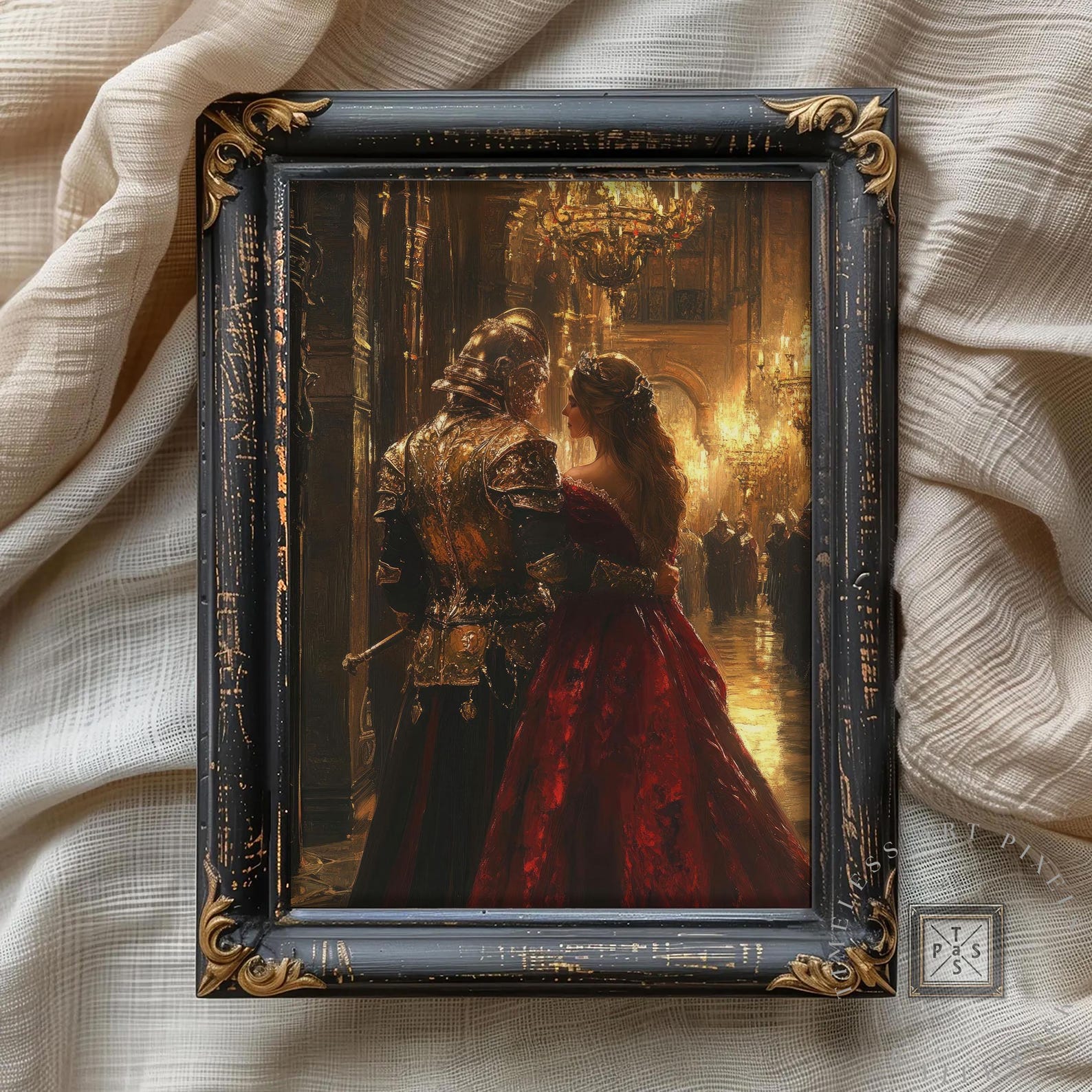 Golden Ballroom Knight and Lady in Red Dress Romantic Medieval Fantasy ...