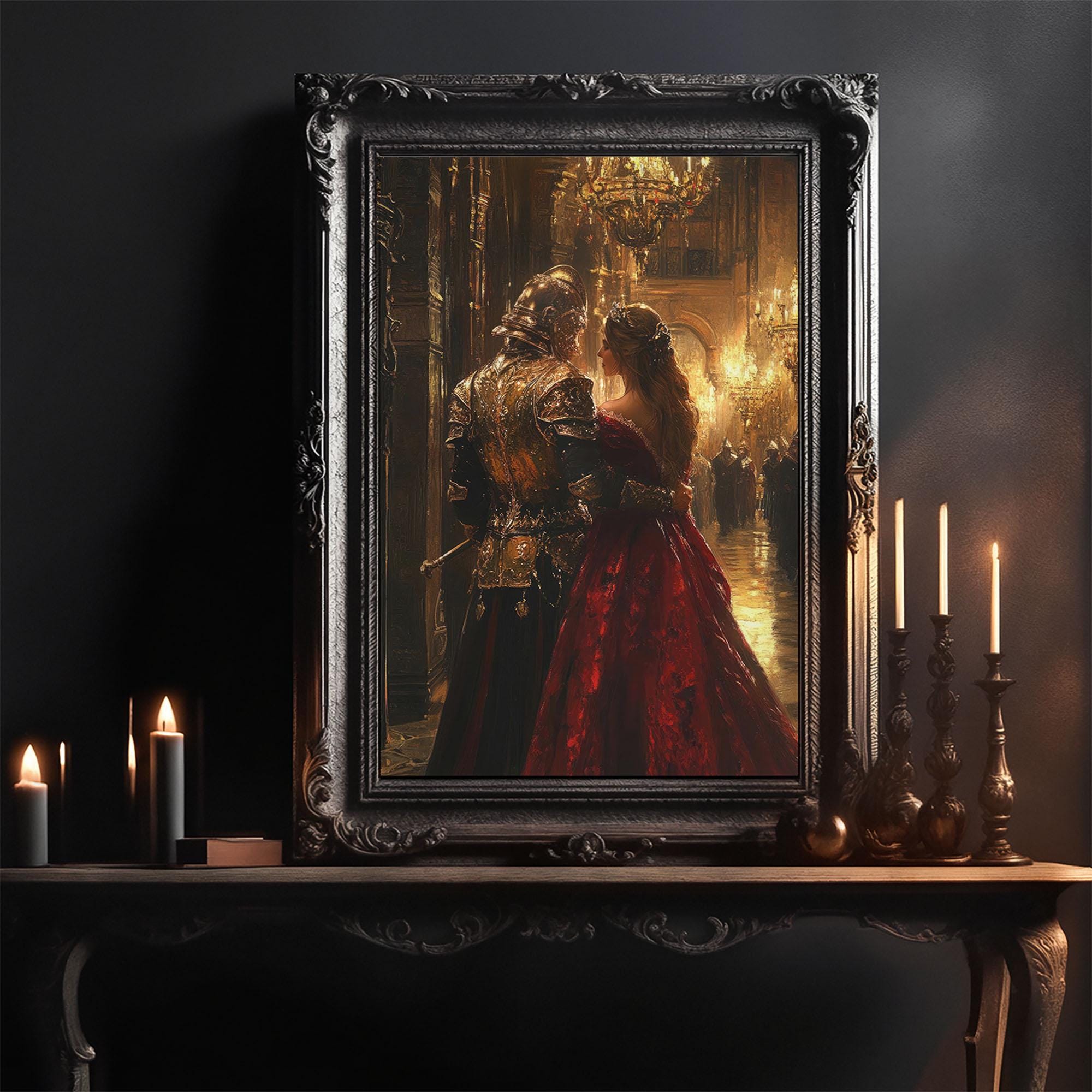 Golden Ballroom Knight and Lady in Red Dress Romantic Medieval Fantasy ...