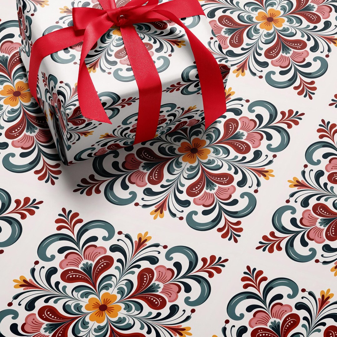 Norwegian Rosemaling Christmas Wrapping Paper Traditional Folk Art Gift ...