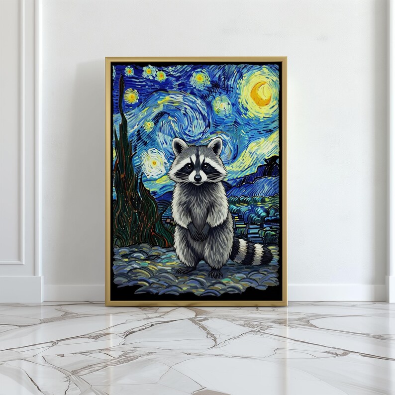 Starry Night Raccoon Wall Print Funny Animal Painting Van Gogh Inspired ...