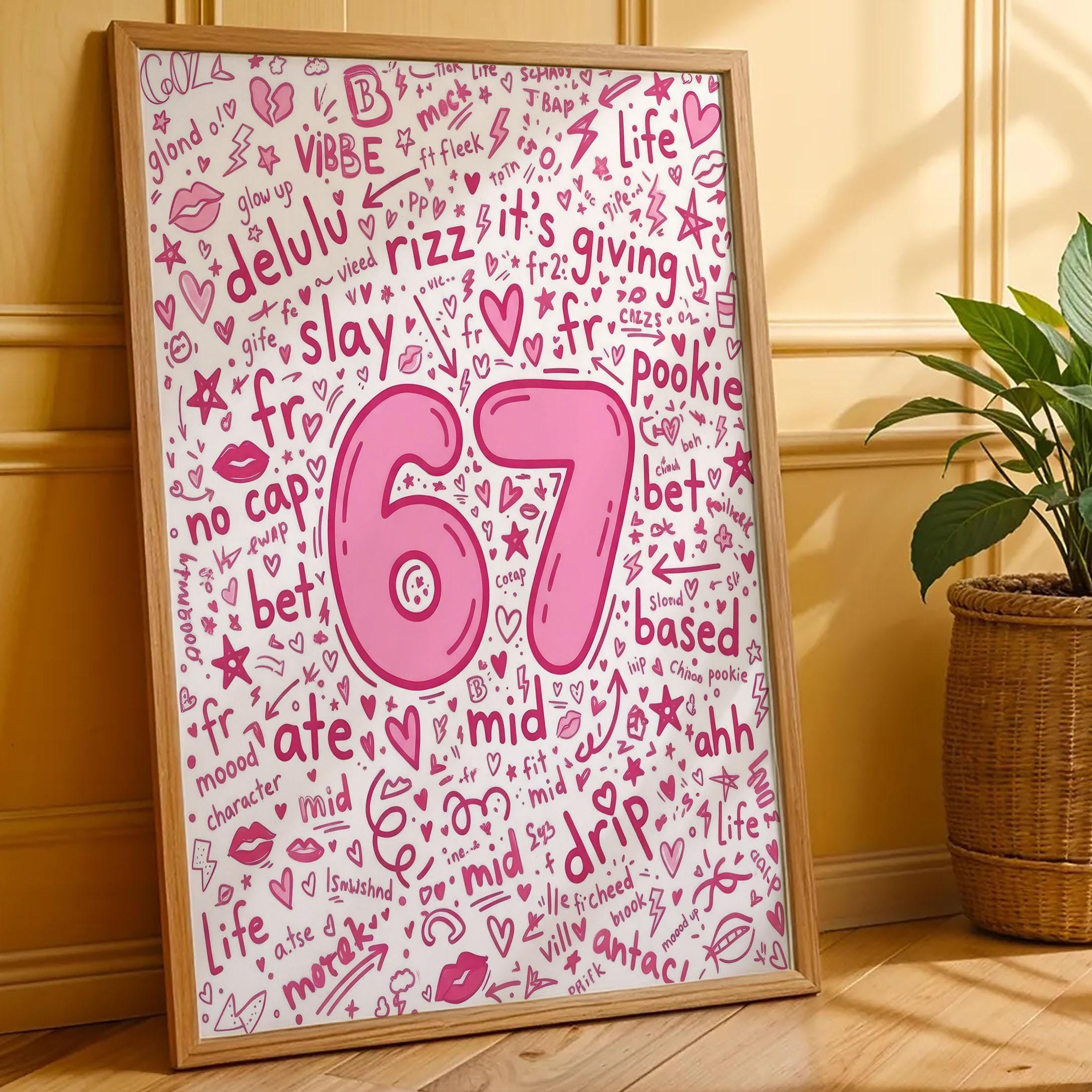 67 Slang Gen Alpha Wall Art Poster Delulu Rizz Slay Mid Ate Funny Pink ...