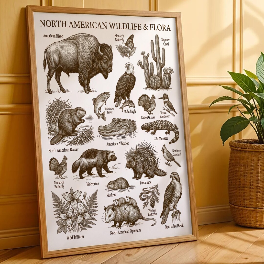 North American Wildlife and Flora Poster, Vintage Engraving Print ...