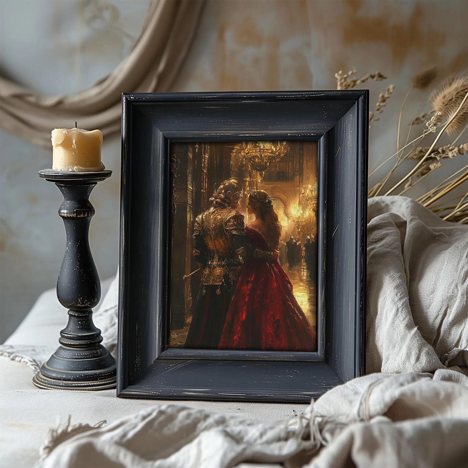 Golden Ballroom Knight and Lady in Red Dress Romantic Medieval Fantasy ...