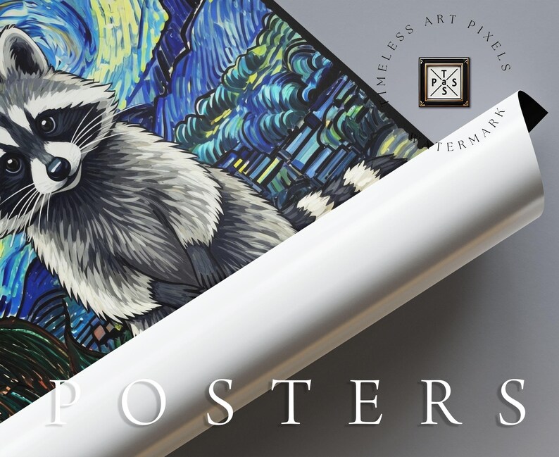 Starry Night Raccoon Wall Print Funny Animal Painting Van Gogh Inspired ...