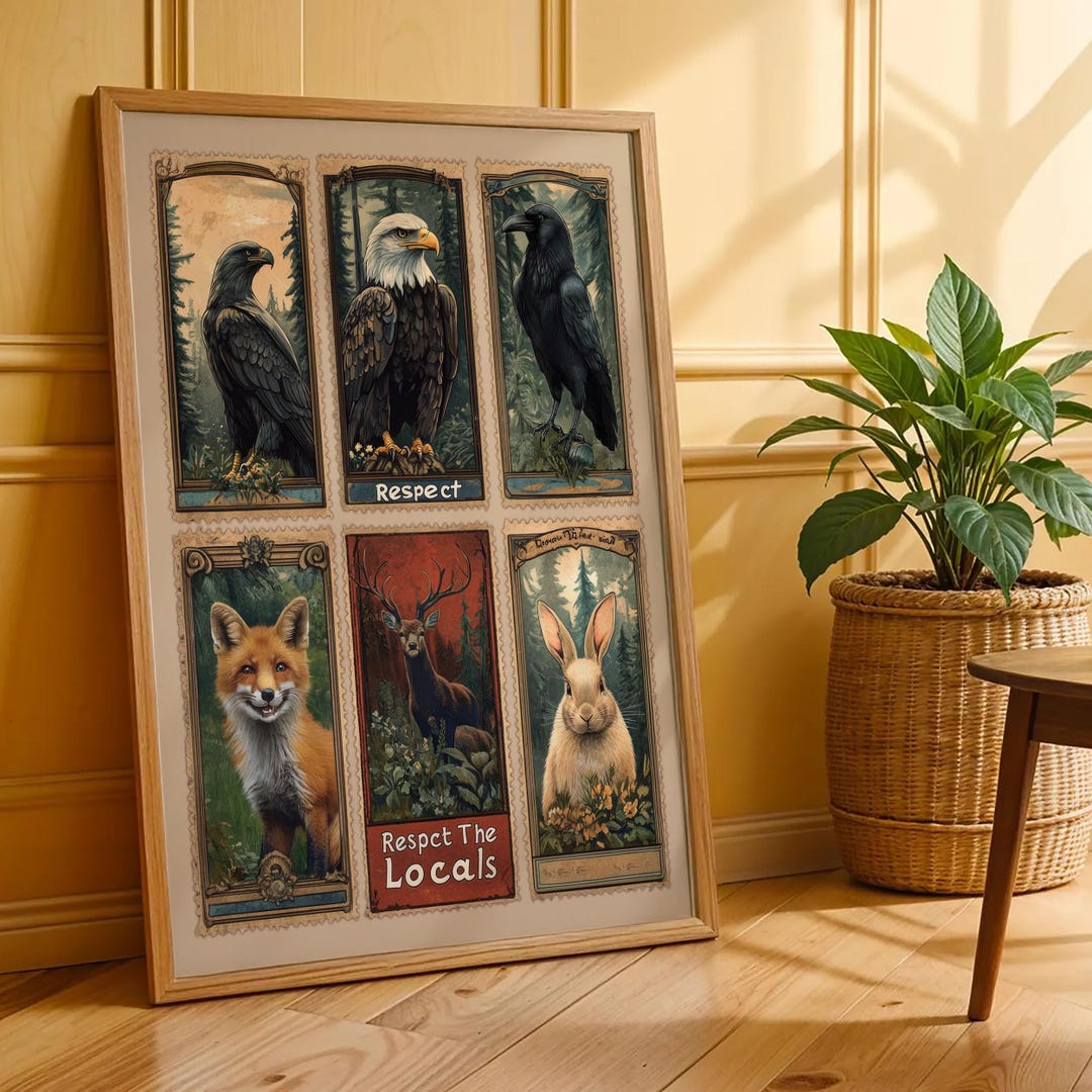 Respect the Locals Print Wildlife Stamp Wall Art With Fox Deer Raven ...