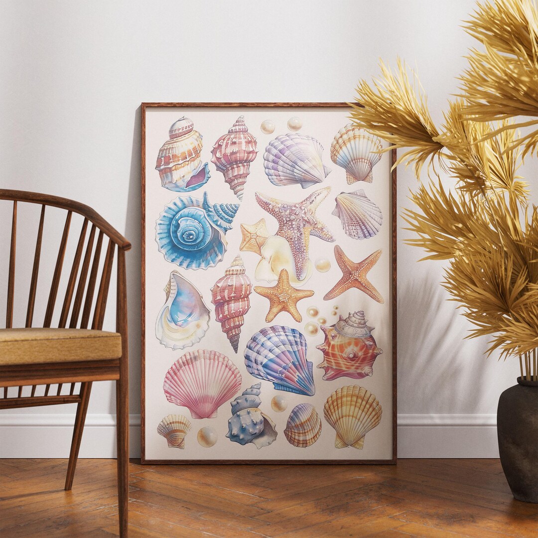 Seashell Art Print Coastal Wall Art Decor Beach Shell Illustration ...