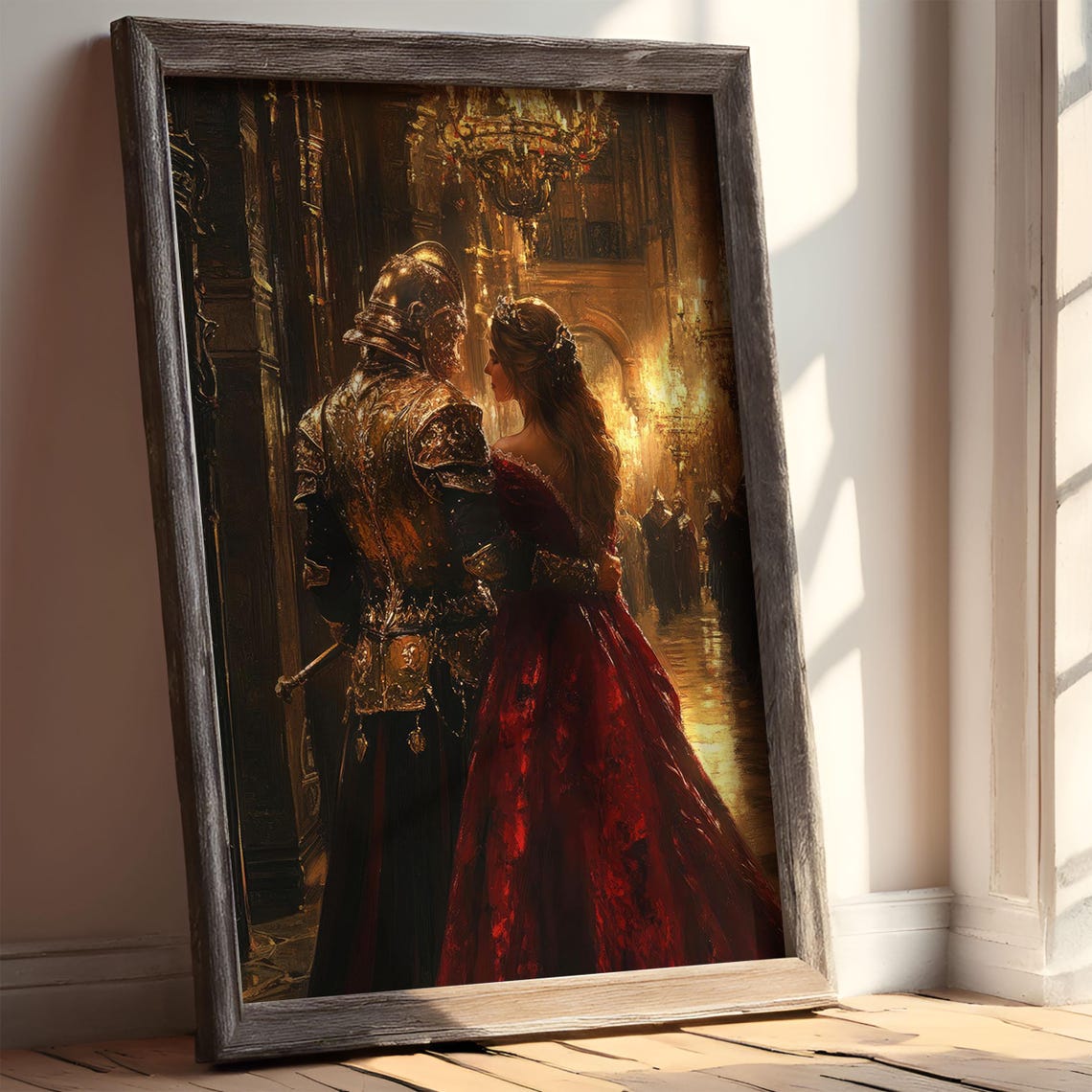 Golden Ballroom Knight and Lady in Red Dress Romantic Medieval Fantasy ...
