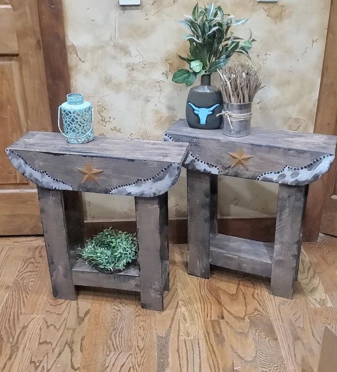 Southwestern Hand Painted Fake Cowhide End Side Couch Tables Ranch ...