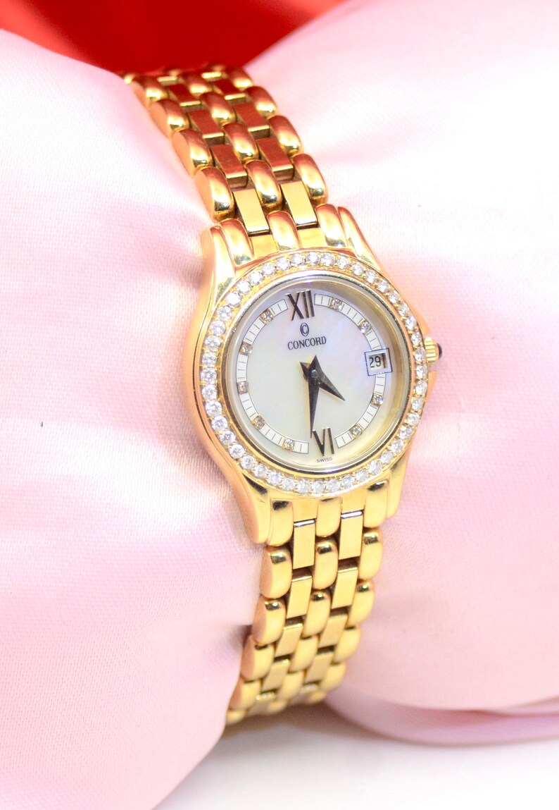 Ladies' Concord 18K Yellow Gold Watch W/factory Diamonds 60.4 GM & Box ...