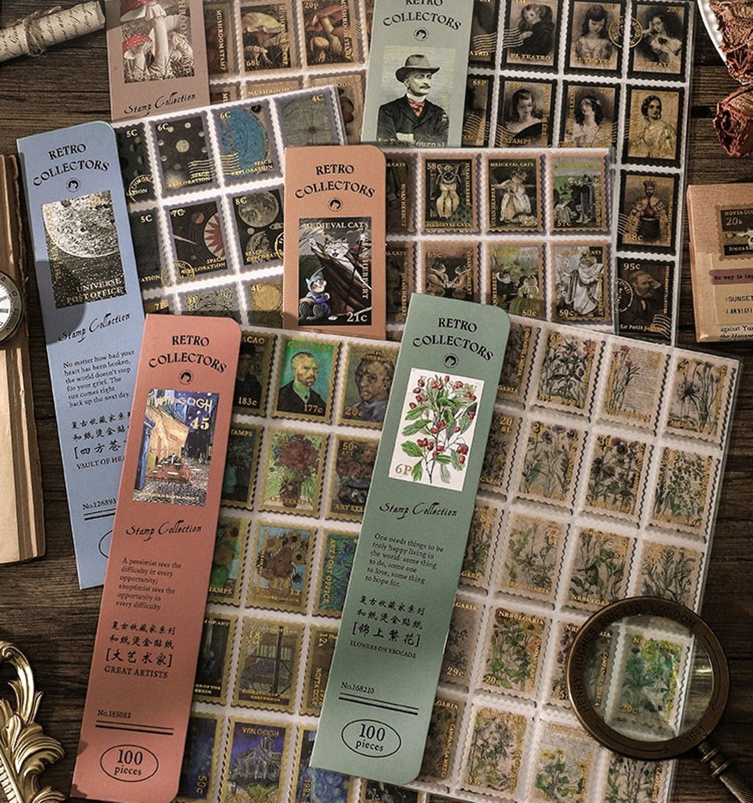 100 Retro Stamp Stickers, With Gold Foil Scrapbooking, Stationery ...