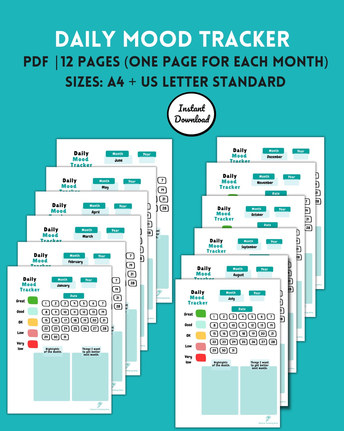 PRINTABLE Daily Monthly Mood Tracker, Wellbeing Mood Chart Journal ...
