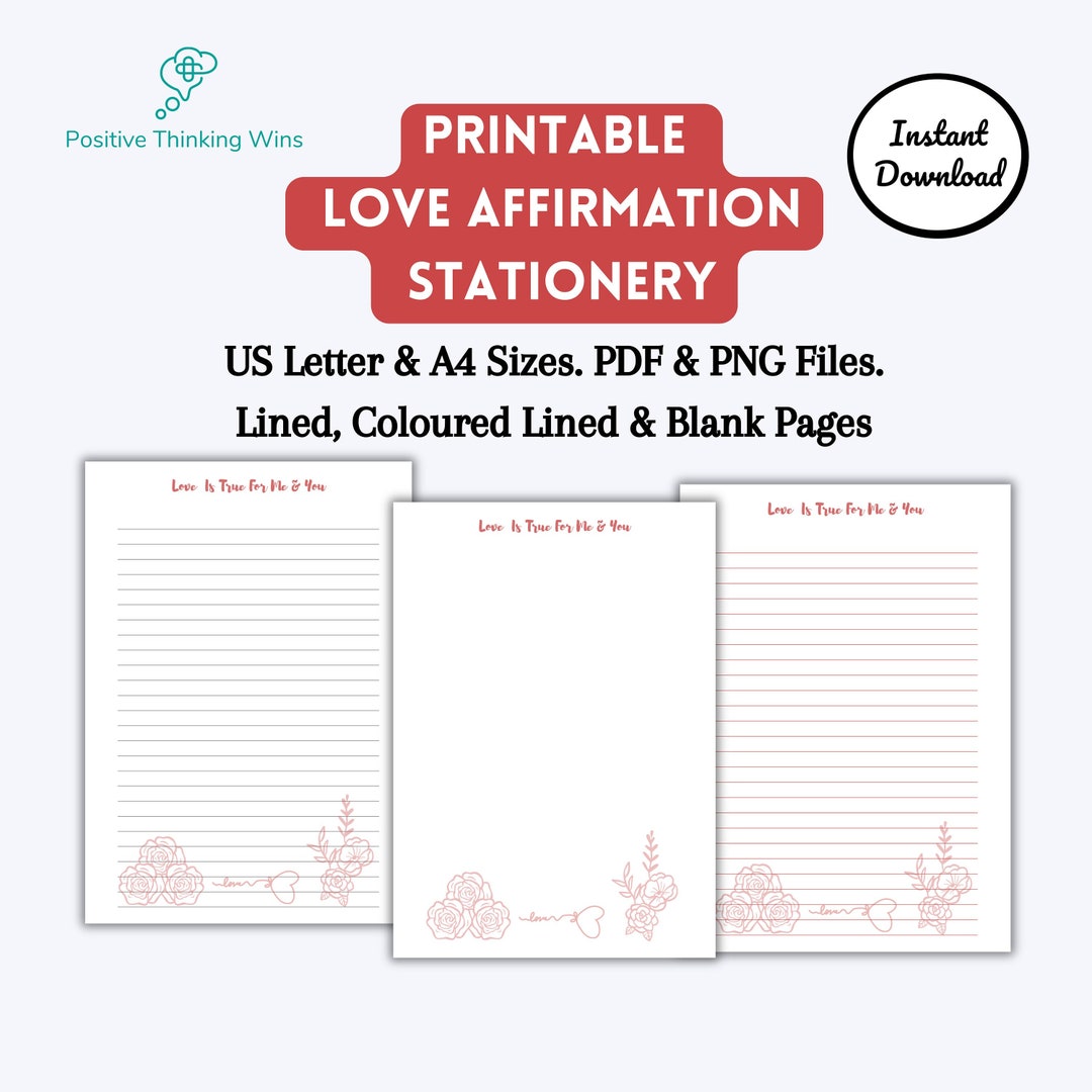 Printable Love Affirmation Stationery, Lined, Blank Paper, Writing ...