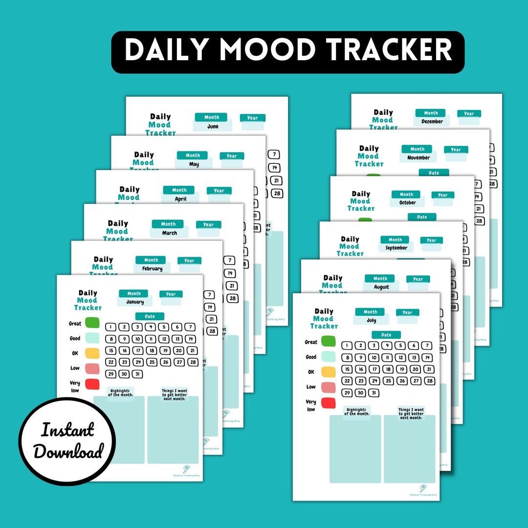 PRINTABLE Daily Monthly Mood Tracker, Wellbeing Mood Chart Journal ...