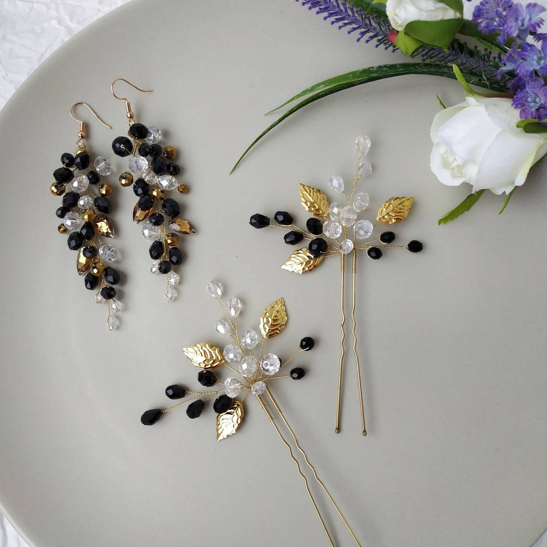 Mother of the Bride Gold Black Crystal Hair Pins - Etsy