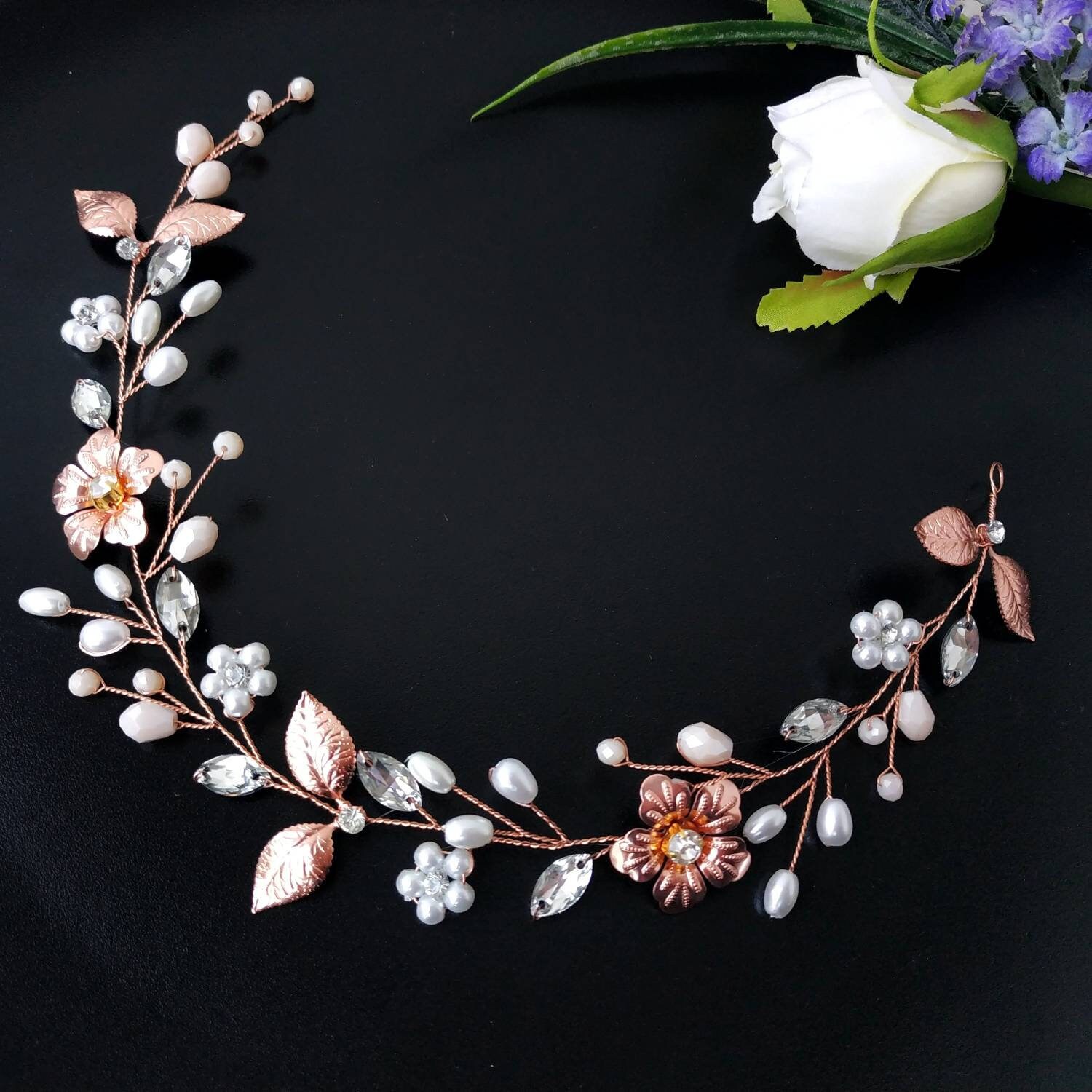 Rose Gold Hair Vine For Brides Floral Headband Rose Gold Etsy