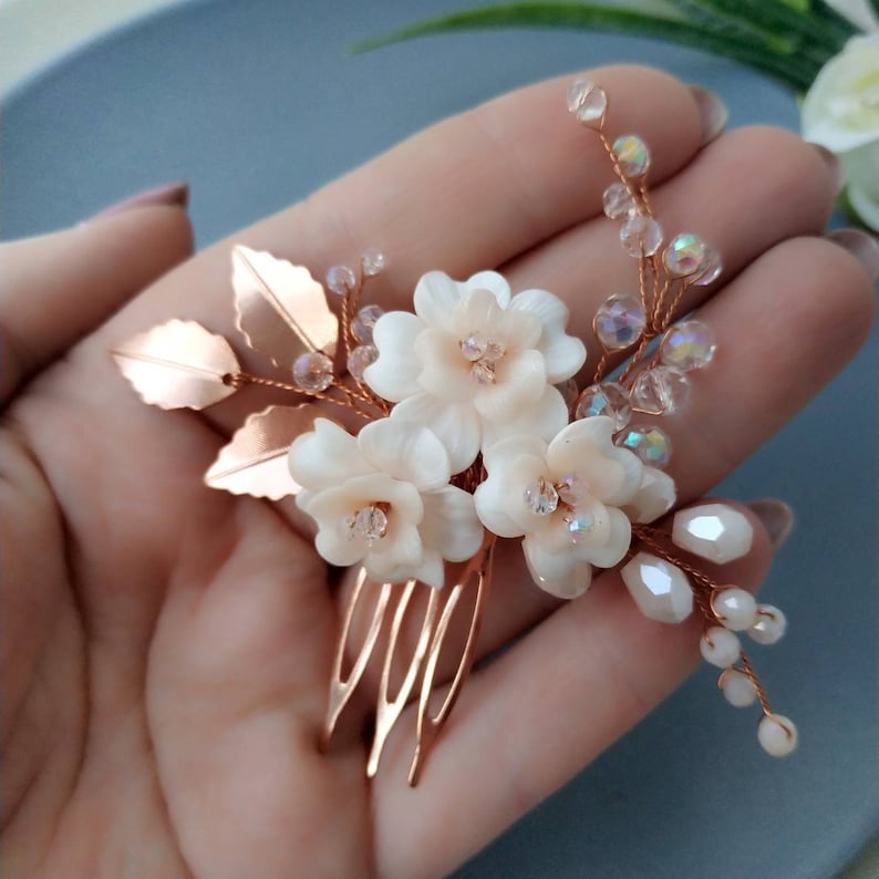 Rose Gold Bridal Hair Piece Rose Gold Hair Comb With Blush Etsy