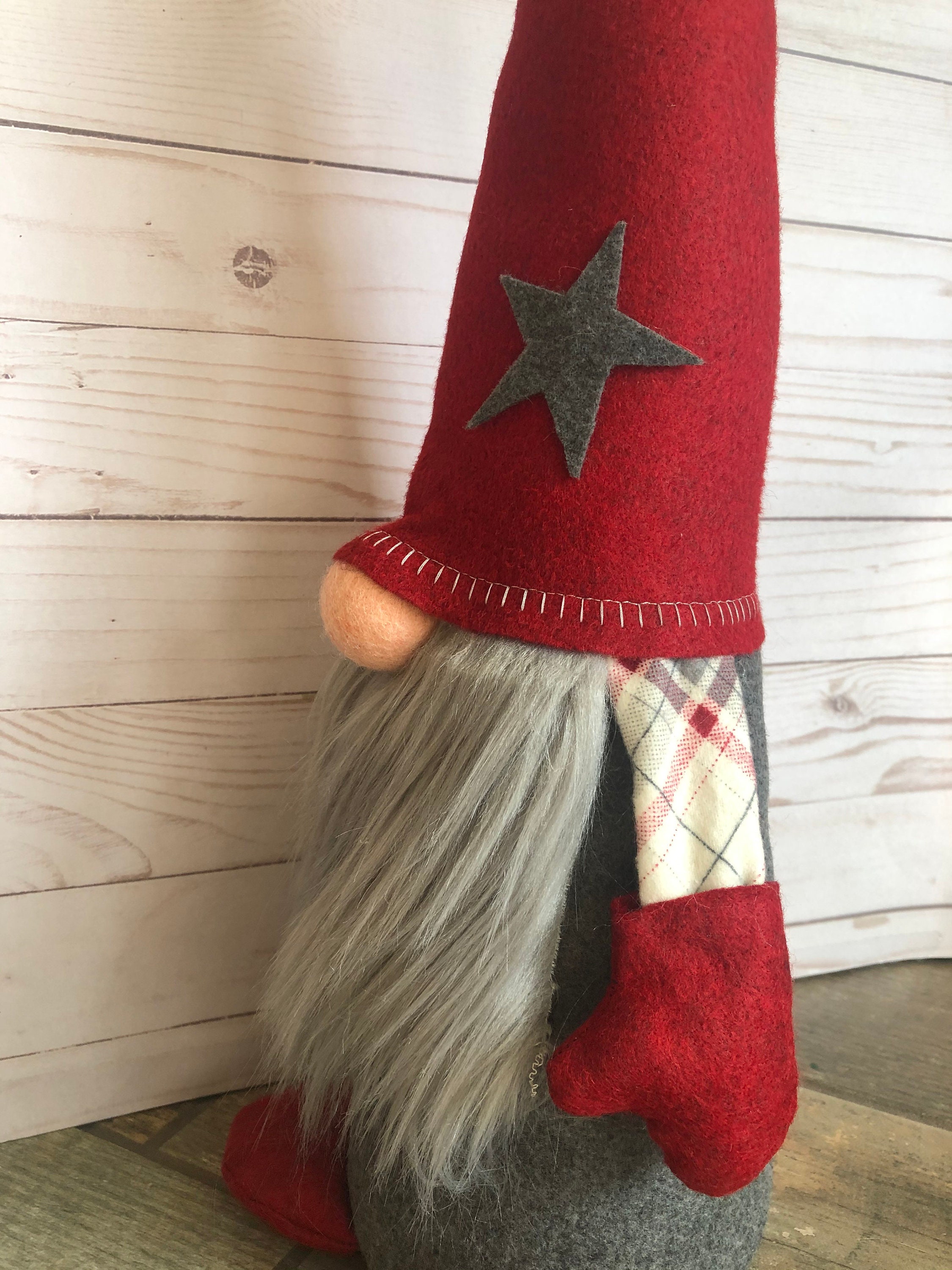 Large Deep Red and Gray With Plaid Home Gnome - Etsy