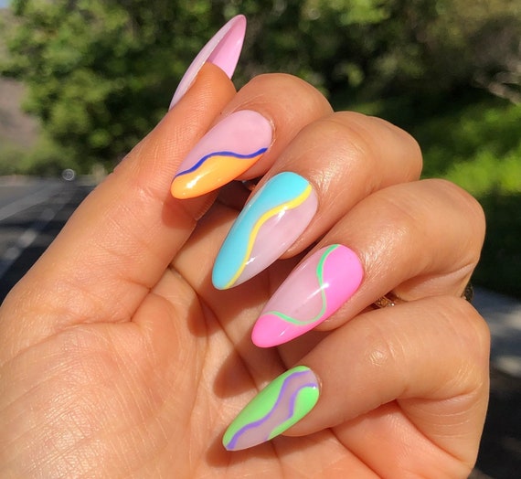 temporary summer press on nails v tips gel nails reusable neon nails ...