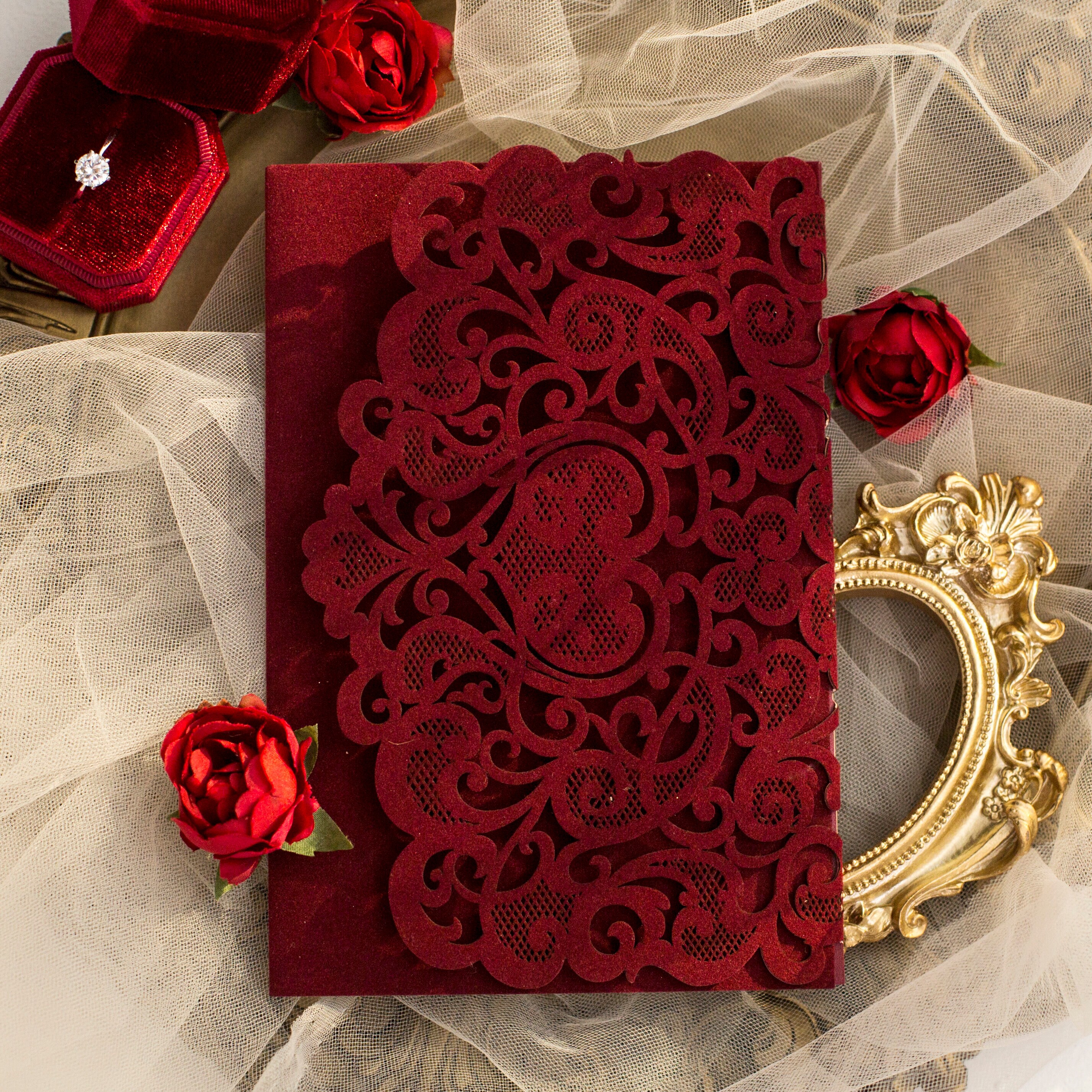 Love Heart Tri-fold Velvet Wedding Invitations Card, Velvet Laser-cut ...