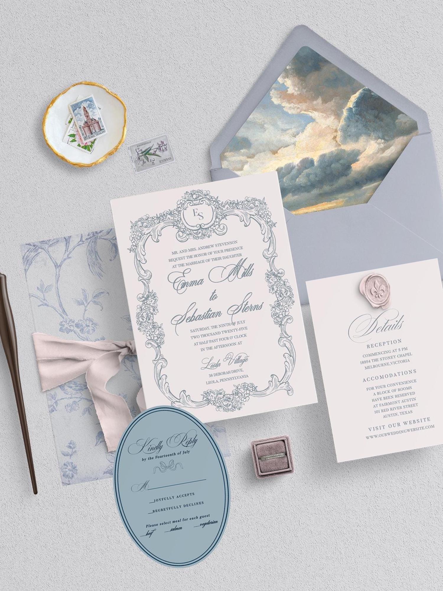 Vintage Baroque Chinoiserie Wedding Invitation Template With Vellum ...