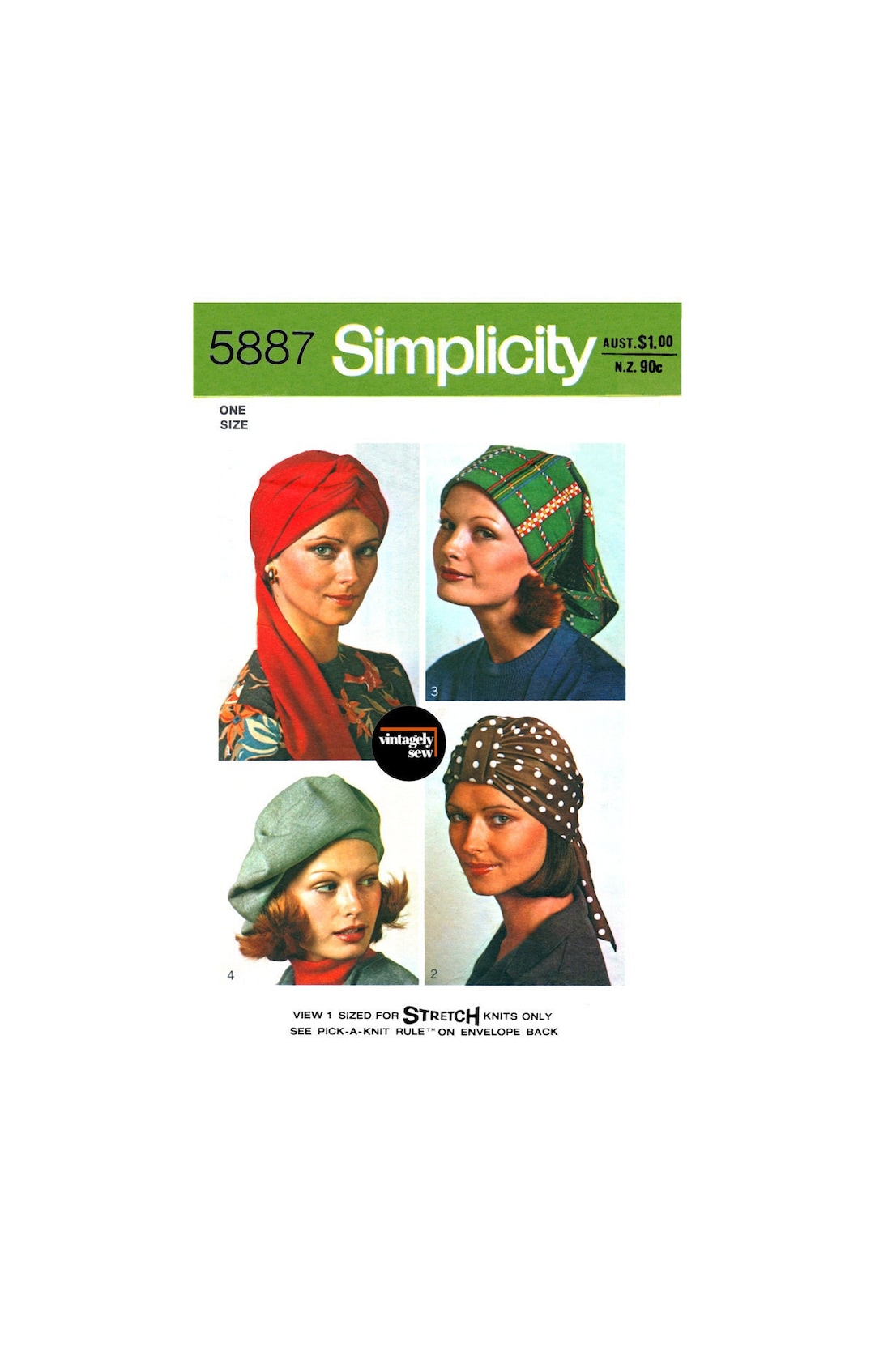 70s Turban, Beret and Scarf Hat, Adjustable One Size, Simplicity 5887 ...