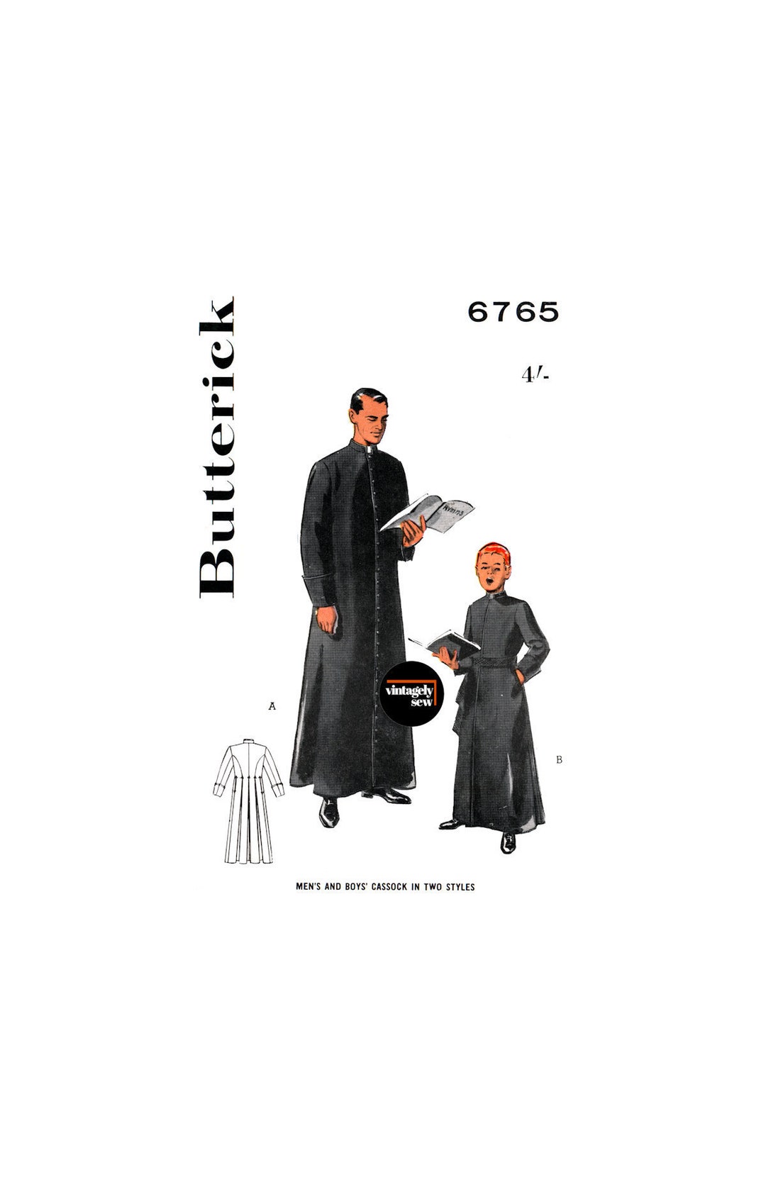 50s Men's or Boy's Cassock in Two Styles, Chest Size 30 76.5 Cm or 36 ...