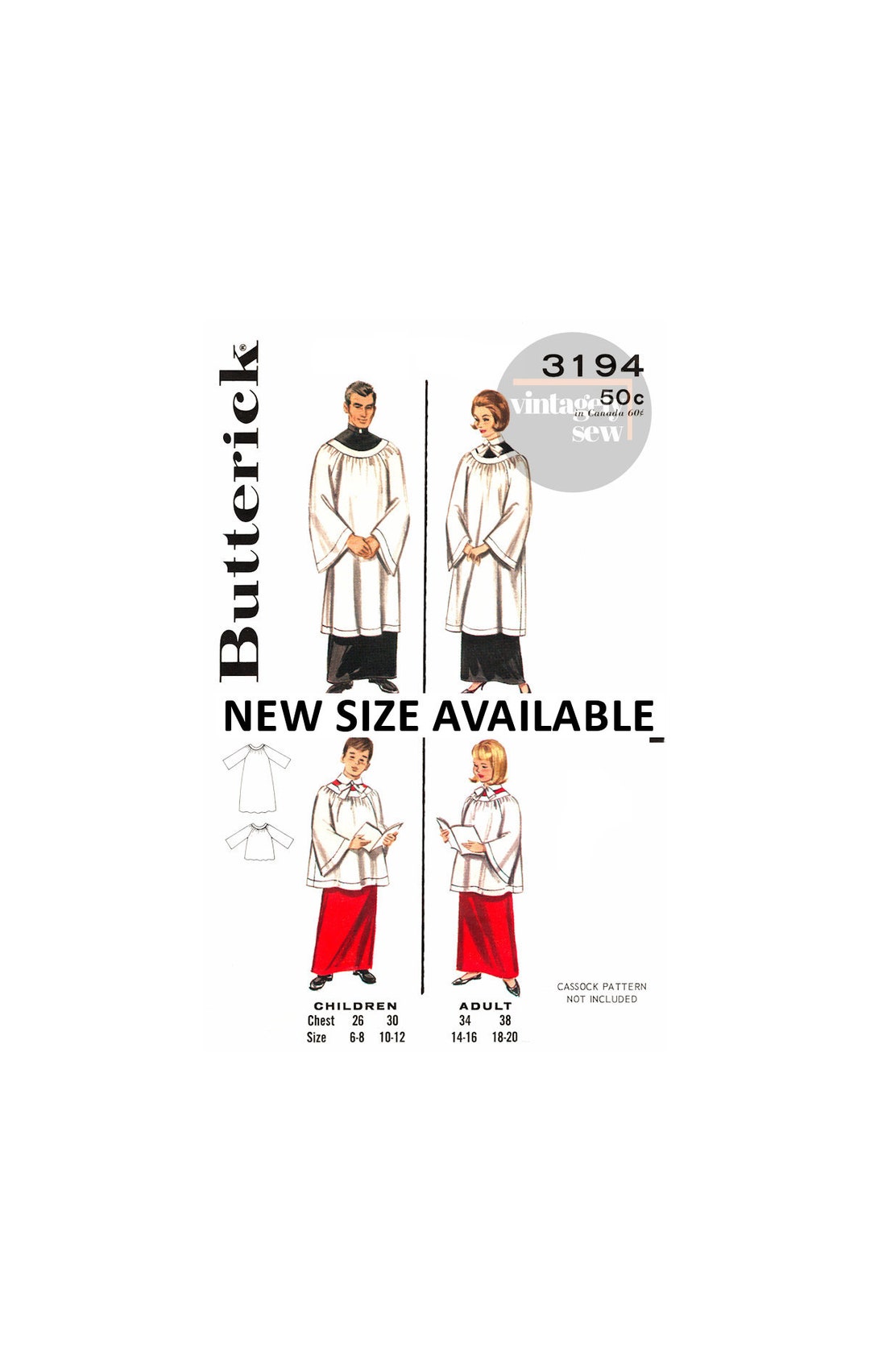 50s Unisex Adult or Child Choir Robes, Various Sizes, Butterick 3194 ...