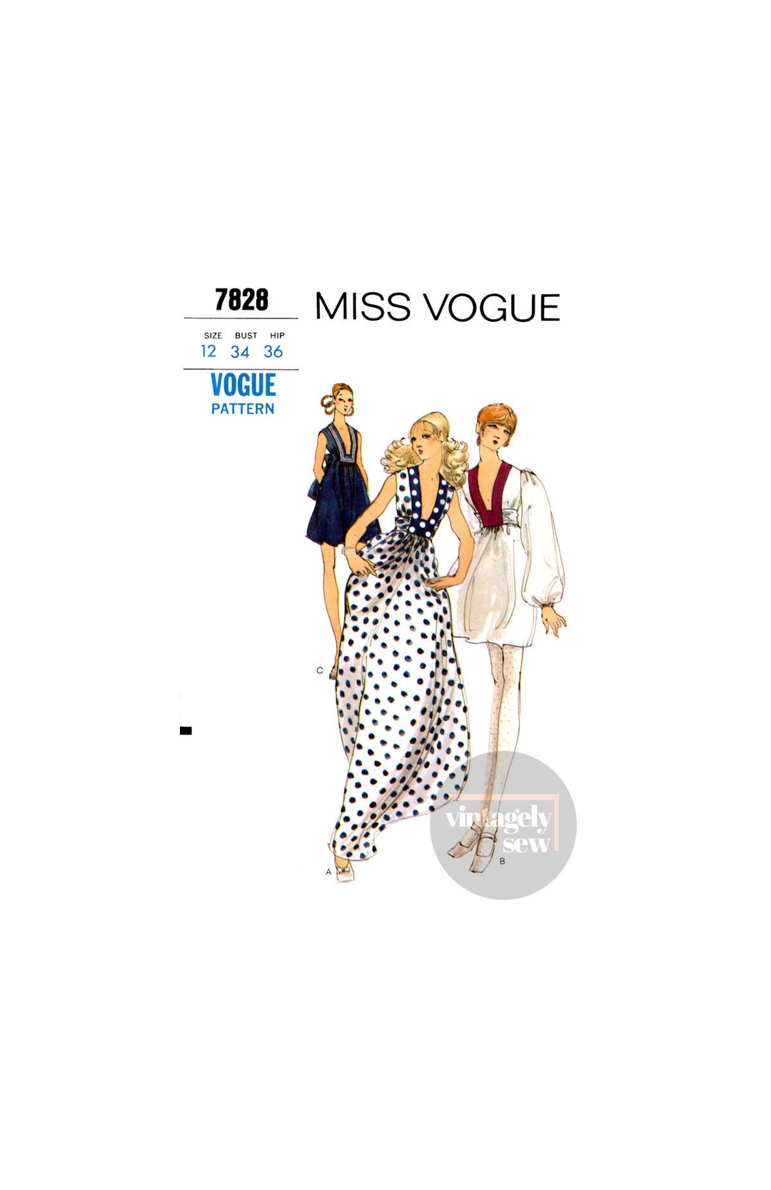 70s Deep Neckline, High-waisted, A-line Dress in Two Lengths, Bust 34 ...